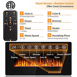 COSTWAY 36-Inch Electric Fireplace, 750W/1500W Wall Recessed and Mounted Fireplace Insert with Remote Control, 12 Flame Colors, 5 Brightness Settings, 8 H Timer, Fireplace Heater for Indoor Use