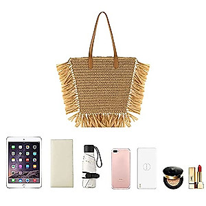 Women Large Fringe Straw Woven Shoulder Bag Summer Beach Top-Handle Bag Travel Tote