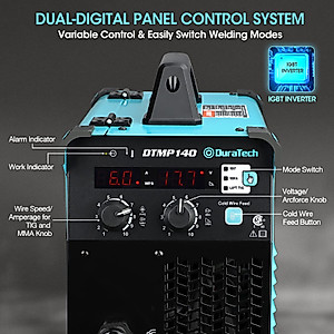 DURATECH 140Amp MIG Welder, 120V Flux Core Welder MIG/Lift TIG/Stick 3-in-1Welding Kit with Cold Wire Feed, Welding Gun and 15A to 20A Plug Adapter, Portable Smart Welding Machine IGBT Inverter Welder
