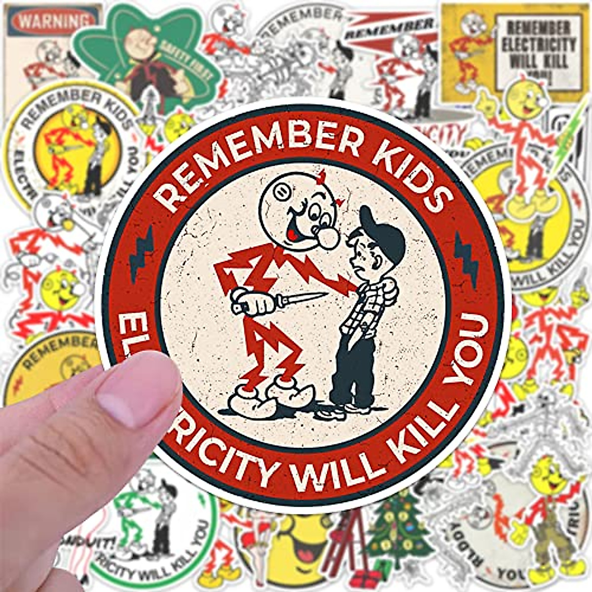 50 Pcs Reddy Kilowatt Sticker, Remember Kids Electricity Will Kill You Sticker, Electrical Electrician Stickers, Electric Will Shock You Decal for Car, Water Bottle, Laptop, Hard Hat Stickers Pack