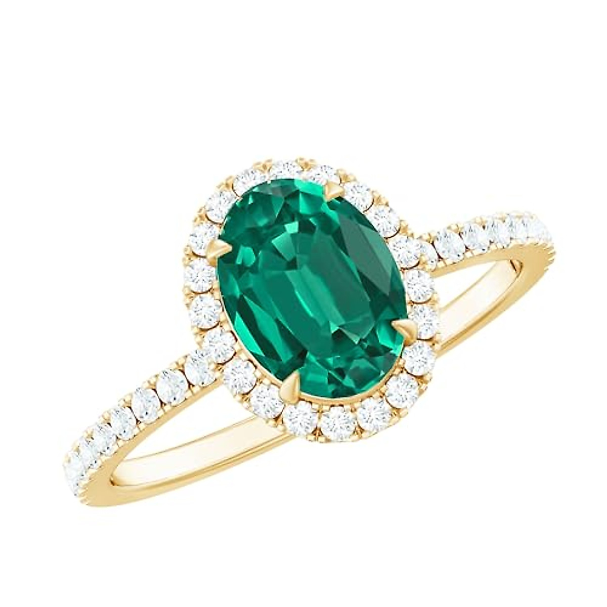 Rosec Jewels Lab Grown Emerald Diamond Oval Engagement Ring, AAAA Quality, Certified 6X8mm Oval Emerald Halo Engagement Ring, 14K Yellow Gold, Size:US 7.00