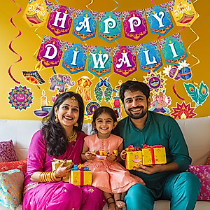 Diwali Decorations,Happy Diwali Banner with Diwali Hanging Swirls Decorations for Indian Diwali Festival Party Decoration Kit for Home.
