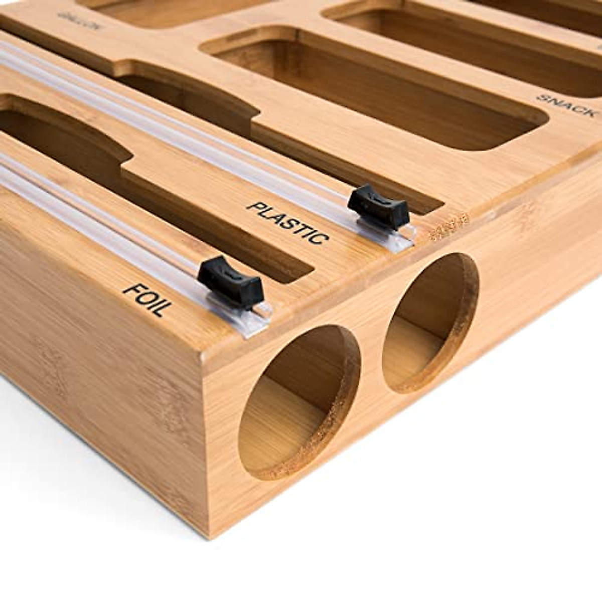 Declutter - Bamboo Ziploc Bag Organizer with Dual Dispensers and Cutters - Kitchen and Home Organization Tool for Gallon, Quart, Sandwich, Snack Bags - Fits in Kitchen Cabinets and Drawers