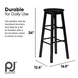 PJ Wood Classic Round Seat 24 Inch Tall Kitchen Counter Stools for Homes, Dining Spaces, and Bars with Backless Seats, Square Legs, Black, Set of 2