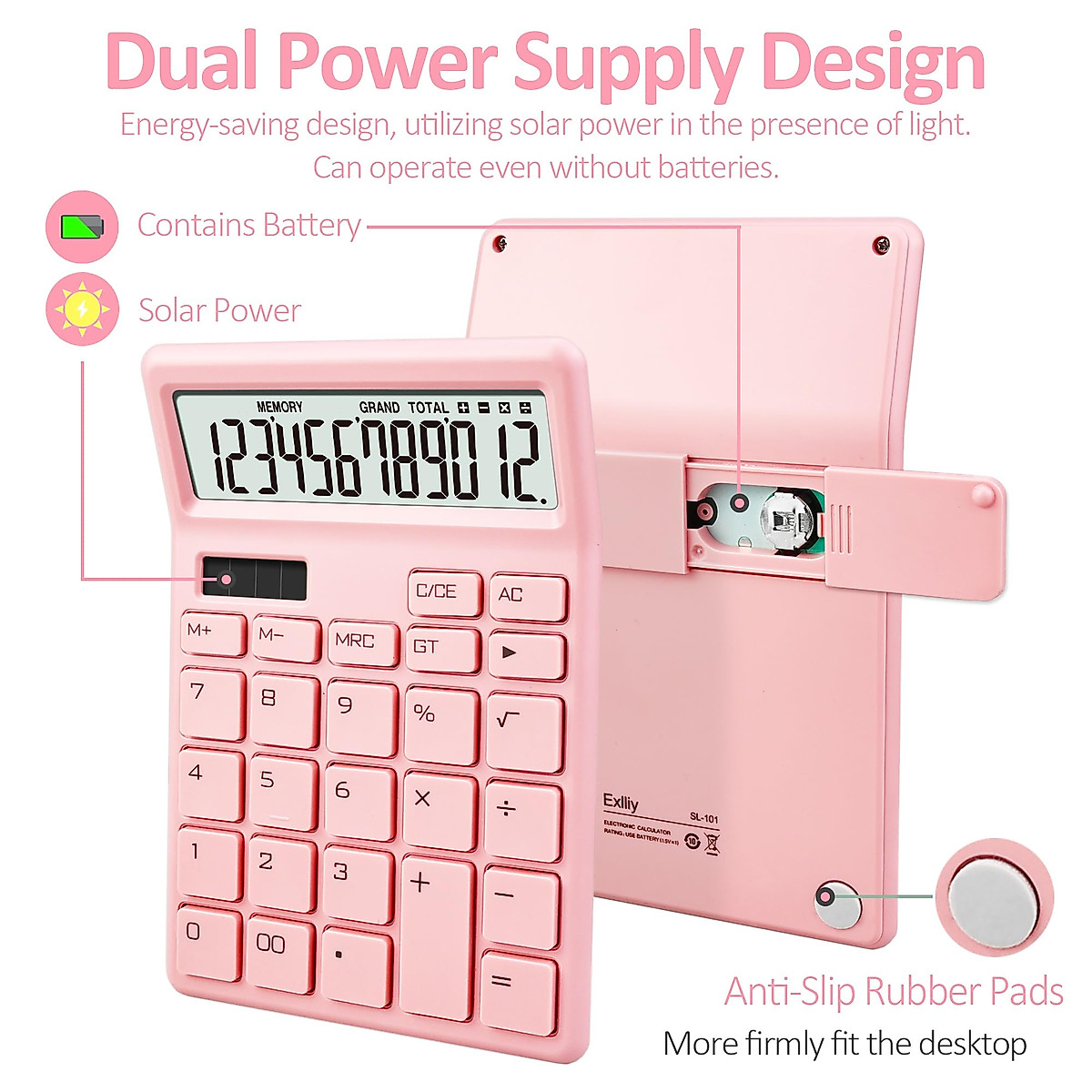 Exlliy Desk Calculator 12 Digit,Pink Desktop Dual Power Battery and Solar,Desk Calculators with Large LCD Display,Perfect for Home, Office,and School Use,Auto Sleep