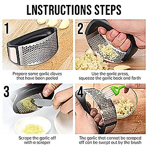Garlic Press Rocker, Stainless Steel Garlic Mincer Crusher Professional Kitchen Gadgets Garlic Chopper with Ergonomic Handle, Silicone Garlic Peeler