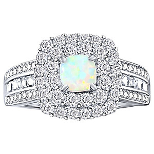 AFFY Simulated White Opal and White Sapphire Double Halo Ring in 14k White Gold Over Sterling Silver Ring Size-10