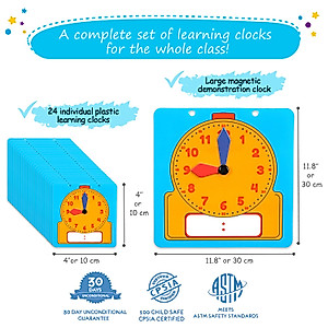 Simply magic 24+1 Learning Clock for Kids - Classroom Clock Set, Magnetic Demonstration Clock, Teaching Clock, Learning Clocks for Kids to Tell Time, Interactive Clock for Kids, Clock Manipulatives