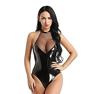 Sexy Lingerie For Women Women'S Latex Swimsuits Wetlook Leather Swimwear Mesh Patchwork High Cut Bodysuit Gymnastics Le Black