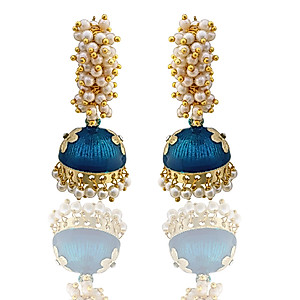Moonstruck Golden Meenakari Jhumkas With White Pearls For Women (Blue)
