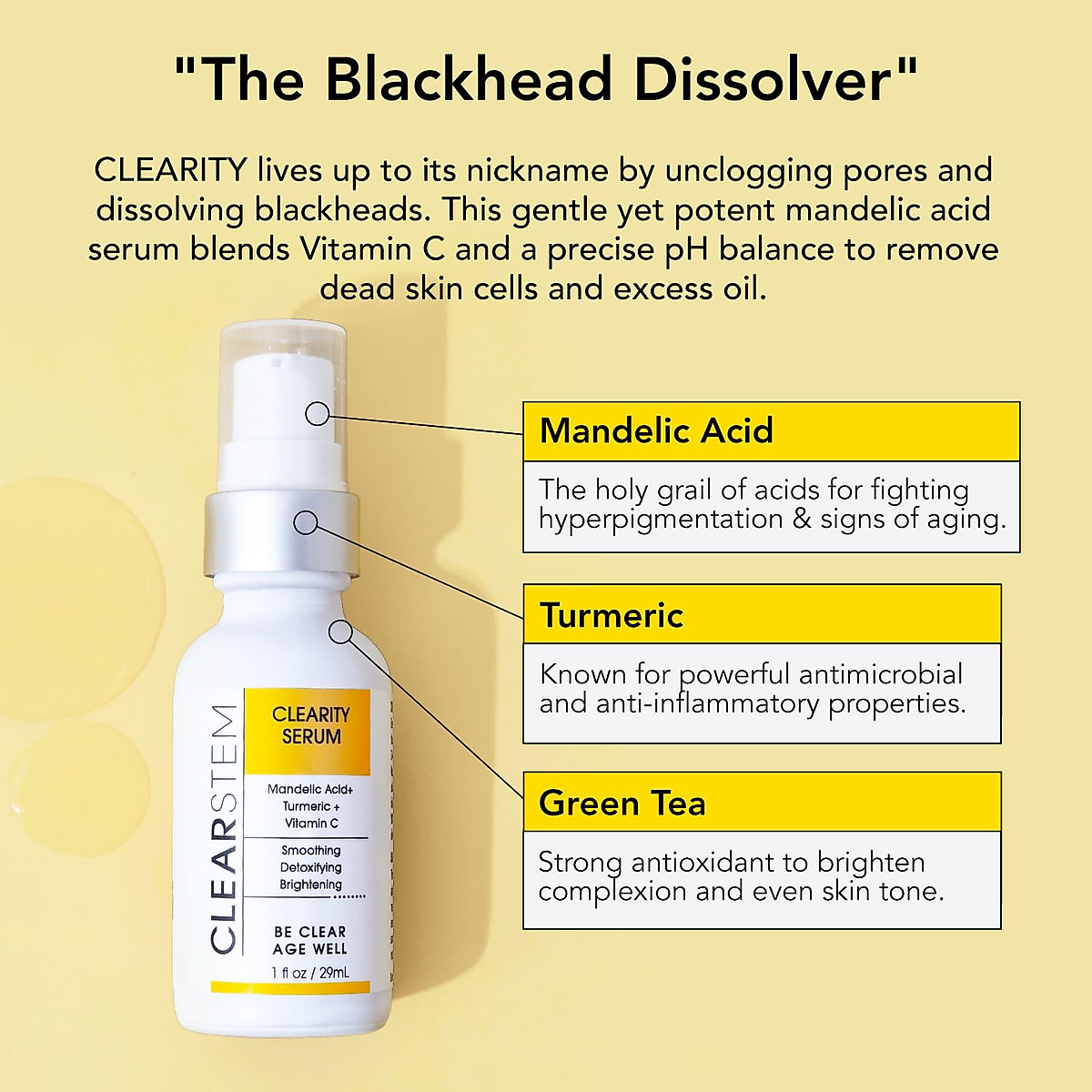 CLEARSTEM - CLEARITY The Blackhead Dissolver Mandelic Acid Serum - Vitamin C, Turmeric, Collagen Boost - All Skin Types - Facial Skin Care Products - Vegan, Gluten Free, Cruelty Free - 1 fl oz / 29ml