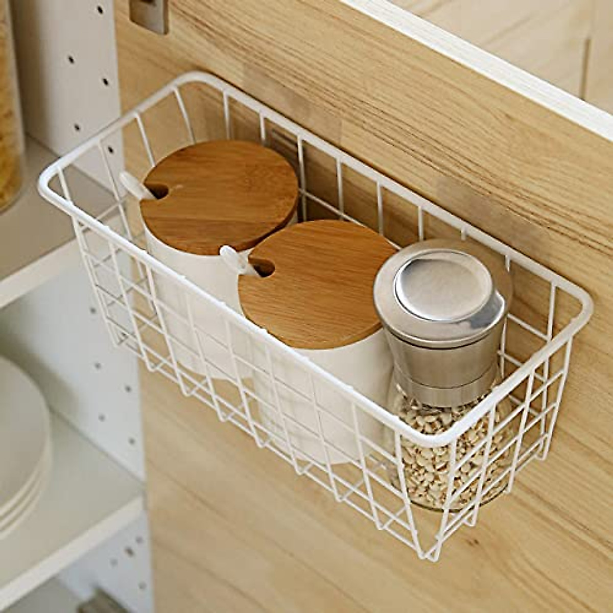 LeleCAT Hanging Kitchen Baskets For Storage Adhesive Sturdy Small Wire Storage Baskets with Kitchen Food Pantry Bathroom Shelf Storage No Drilling Wall Mounted,2 PACK,White