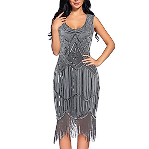 Formal Dresses for Women Wedding Guest Vintage Fringed Sequin Beaded Tassels Hem Flapper Dress for Women Grey