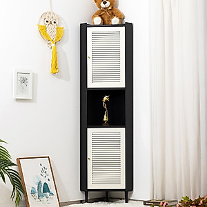 HollyHOME 68.5" Tall Corner Metal Storage Cabinet, Narrow Linen Tower Cabinet with Shelf and Shutter Door, Freestanding Floor Slim Organizer Cupboard for Living Room, Kitchen Pantry, Black&White