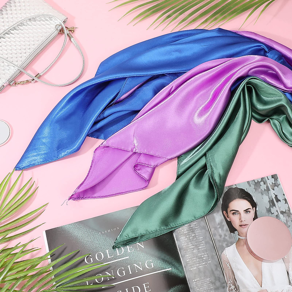 16 Pieces 35 Inch Satin Hair Scarf Women Silk Head Scarf Bulk Neck Scarf Large Square Hair Scarf for Sleeping Solid Color Lightweight Hair Wrapping at Night