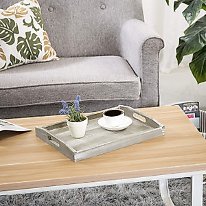MyGift Rustic 12 x 16 inch Gray Wood Decorative Serving Tray with Handles, Rectangular Coffee Table Tray, Breakfast Tray