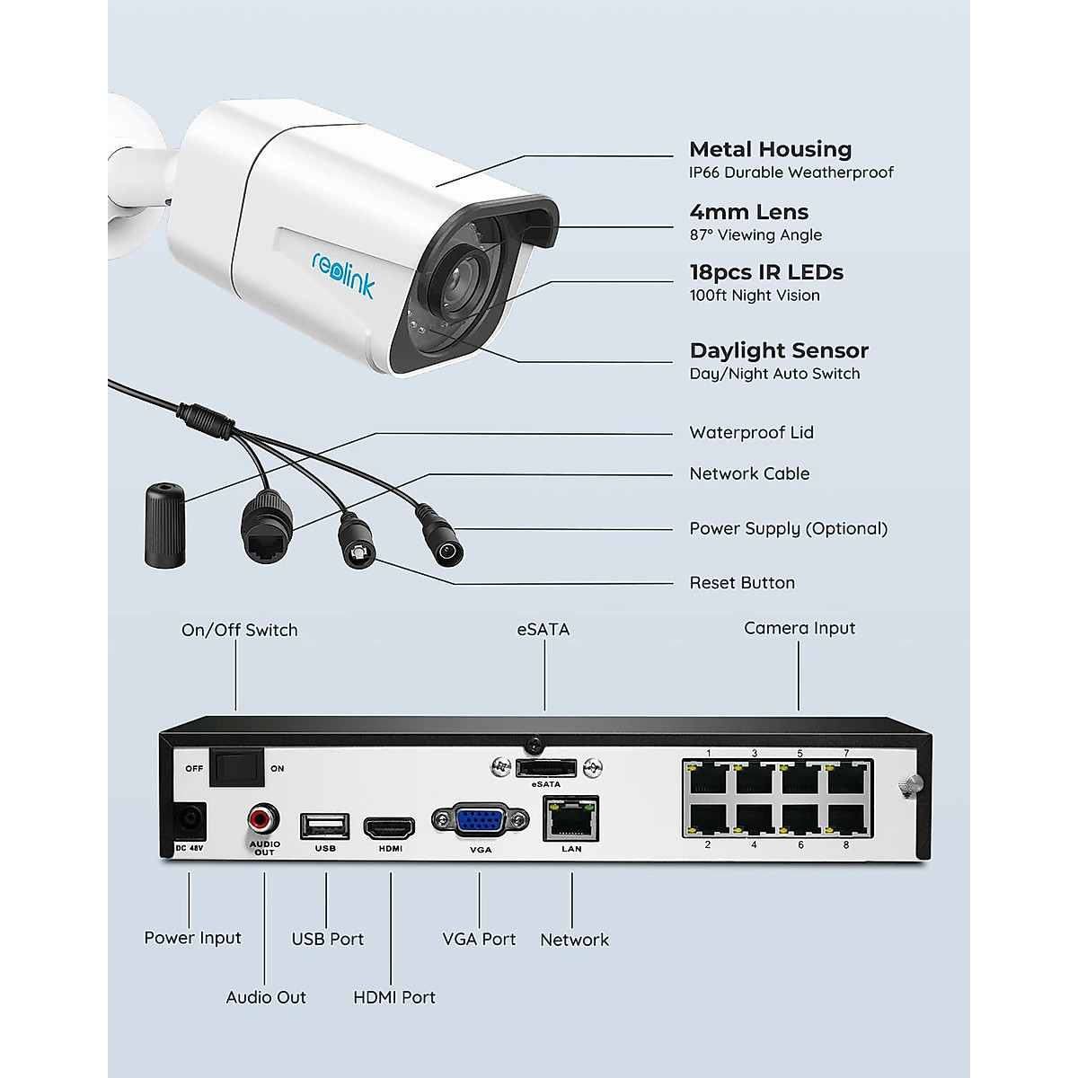 REOLINK 4K Security Camera System, 6pcs H.265 PoE Wired Bullet 4K Cameras with Person Vehicle Detection, 4K/8CH NVR Recorder with 2TB HDD for 24-7 Recording, RLK8-800B6