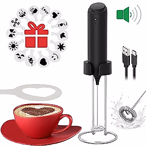 Rechargeable Milk Frother Handheld with Stand and Stencils - Usb Stainless Steel Stand or Wall Hanging for Kitchen Coffee Bar Electric Whisk Hand Blender Mixer for Latte Cappuccino Egg Protein Powder