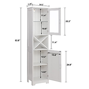 Quimoo Tall Storage Cabinet, Bathroom Cabinet with 2 Doors & LED Sensor Light, Tall Bathroom Storage Cabinet with 3 Adjustable Shelves, Linen Tower Floor Cabinet for Living Room, White