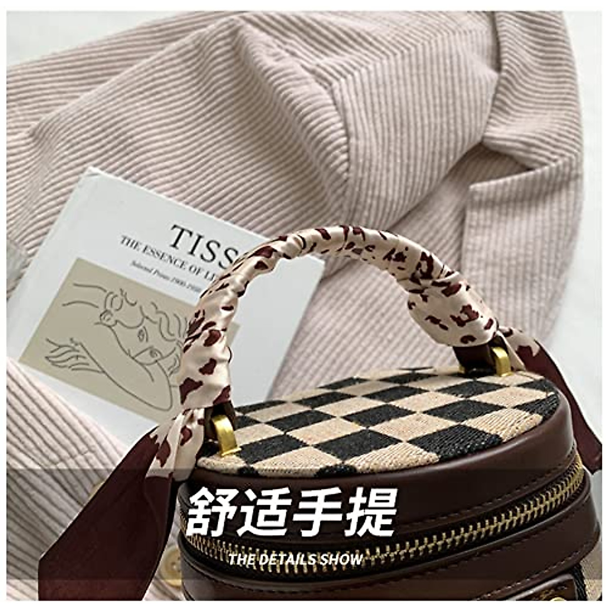 Fashion Cute Top Handle Flap Crossbody Bag for Women Classic Retro Plaid Bucket Cylinder Bag Shoulder Bag Purse (Brown)