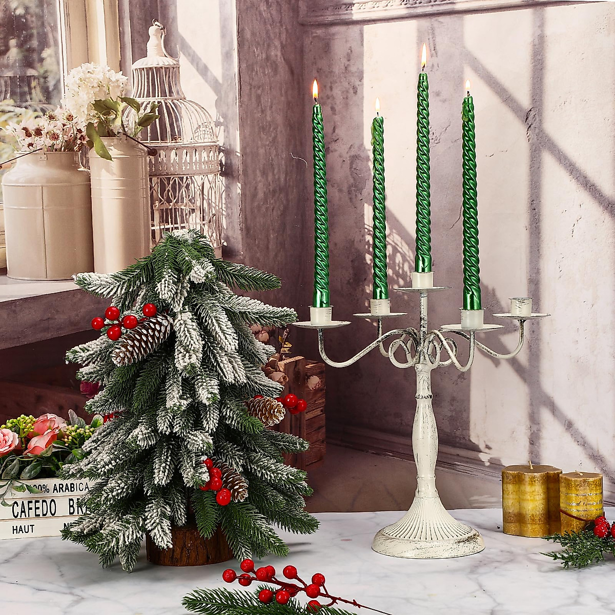 MTLEE 40 Pcs 10 Inch Spiral Taper Candles Dripless Twisted Tapered Candles Wedding Dining Table Centerpieces Unscented Smokeless Long Candles for Wedding Birthday Home Party Decoration(Green)