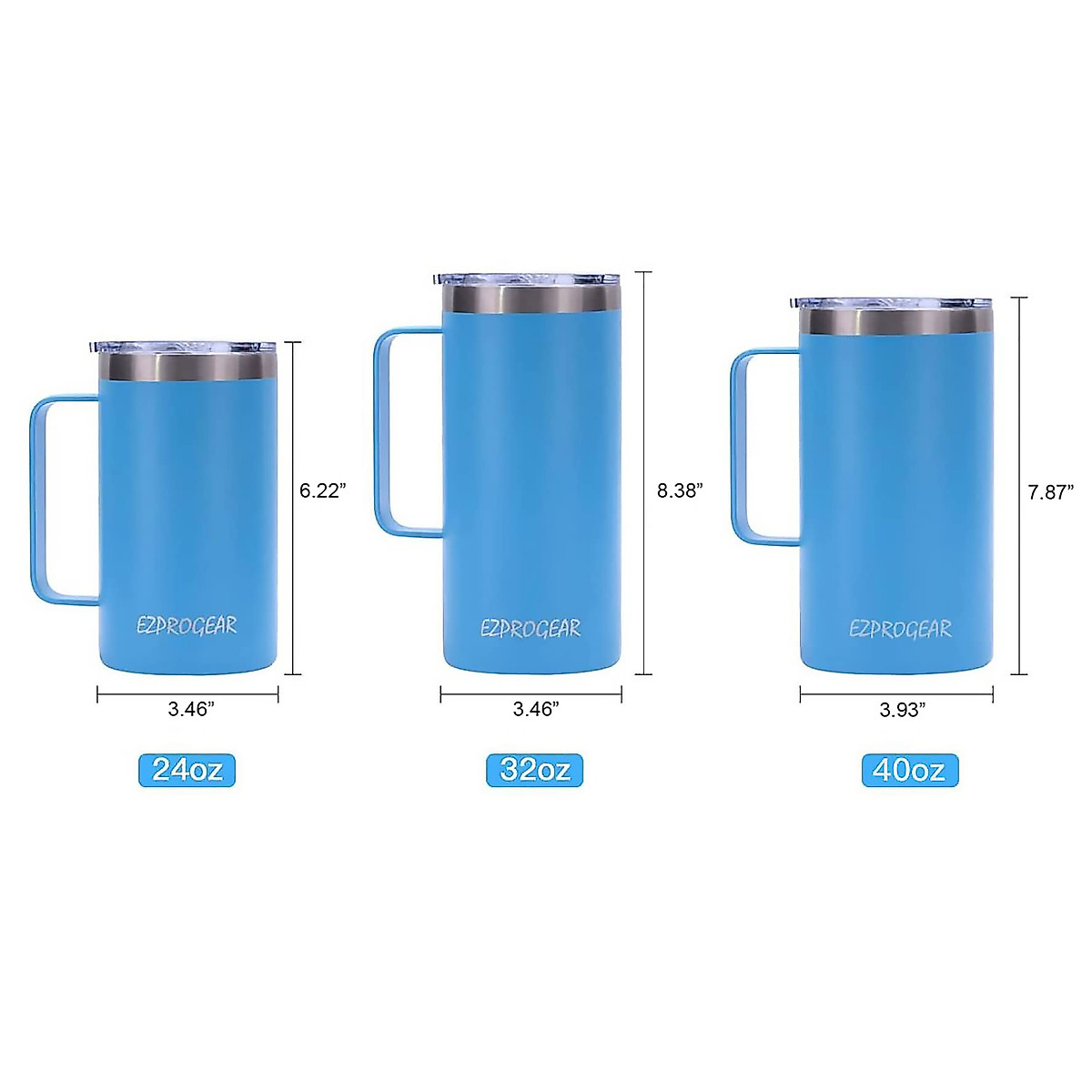 Ezprogear 32 oz Stainless Steel Coffee Mug Double Wall Vacuum Insulated Water Tumbler with Handle, Lid and Straws (32 oz, Sky Blue)