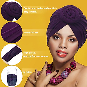 SATINIOR 6 Pieces Women African Turban Flower Knot Pre-Tied Bonnet Beanie Cap Headwrap (Black, Royal-blue, Gray, Camel, Purple, Green)