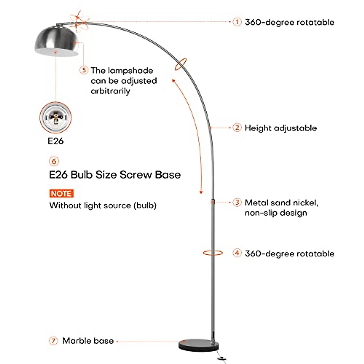LamQee Modern Arc Floor Lamp 72.7" Tall Standing Hanging Lamp Chrome Finished Arched Floor Lamp with Marble Base for Living Room Bedroom Study Reading Office