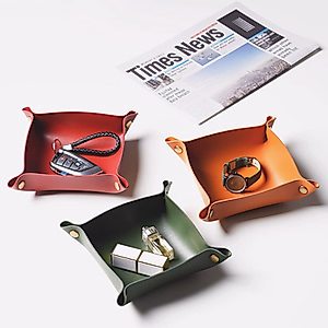 Banugo Valet Tray, Small Catchall Tray, Leather Tray, Foldable Jewelry Organizer, Suitable for Travel, Nightstand, Storage, Home or Office (Orange-S)