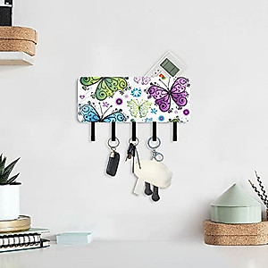 Sinestour Spring Butterflies Key Holder for Wall Key Hanger with 5 Key Hooks Key Rack Organizer Key and Mail Holder for Wall Decorative Entryway Hallway Kitchen Farmhouse Apartment