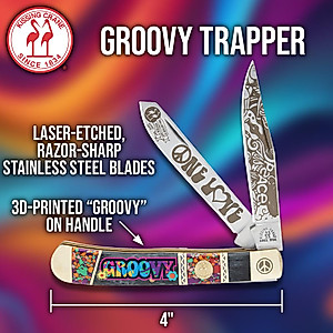 KISSING CRANE Groovy Trapper Pocket Knife | Laser Etched Stainless Steel Blades | 3D Printed Bone and Acrylic Handle Scales | Nickel Silver Boosters | 1960's Tribute | Closed Length 4"