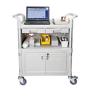 JaboEquip, Larger 3 Shelf Heavy Duty Lockable Hospital cart Medical cart, Utility Cart 606 lbs for Medical, L34.43xD19.69xH40.55 inch, Off-White (Light Grey) Color