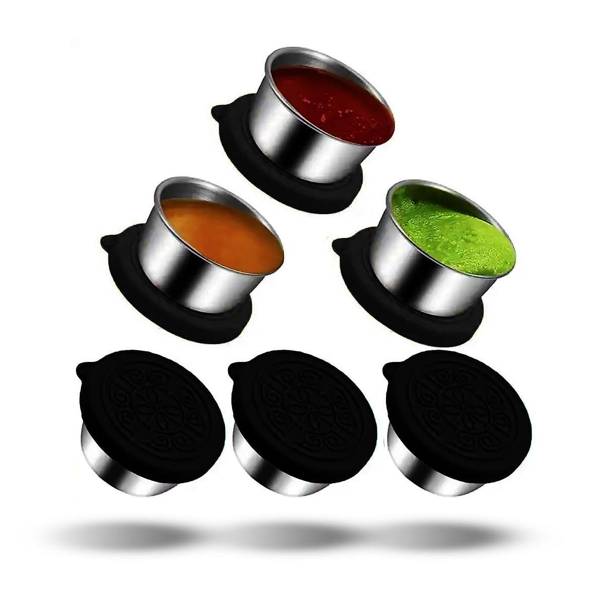 Pack of 6 Salad Dressing Container To Go: Small Condiment Containers with Lids, Reusable Stainless Steel Sauce Cups, Leakproof Silicone Lids for Bento Box, Picnic and Travel (Black - 2.36oz)