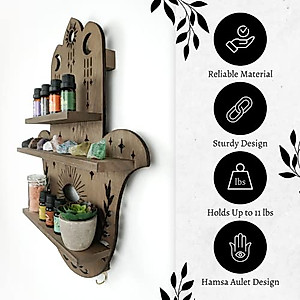 Hamsa Hand Crystal Shelf – Large 20 Inch Wooden Boho Shelf - Crystal Holder – Boho Shelves Crystal Display - Hamsa Wall Decor – Bedroom, Bathroom Living Room Floating Shelf – Spiritual Zen Decor