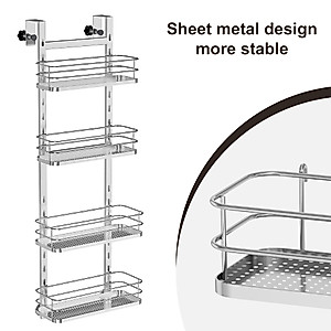 Orimade Adjustable Hanging Over the Shower Door Caddy,Bathroom Organizer Shelf Storage with 4 Hooks for Razor,No Drilling Rustproof Shower Rack Basket, 4 Tier, Silver