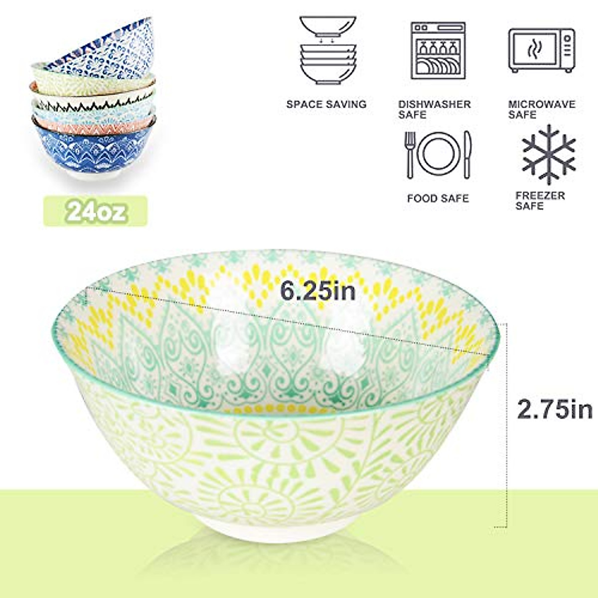 Farielyn-X 6 Pack 24 Ounce Premium Porcelain Bowls Set - Great Cereal Bowls, Salad, Rice, Pasta or Soup Bowls - Large Capacity - Microwavable Ceramic Bowls - Heat and Cold Resistant Porcelain