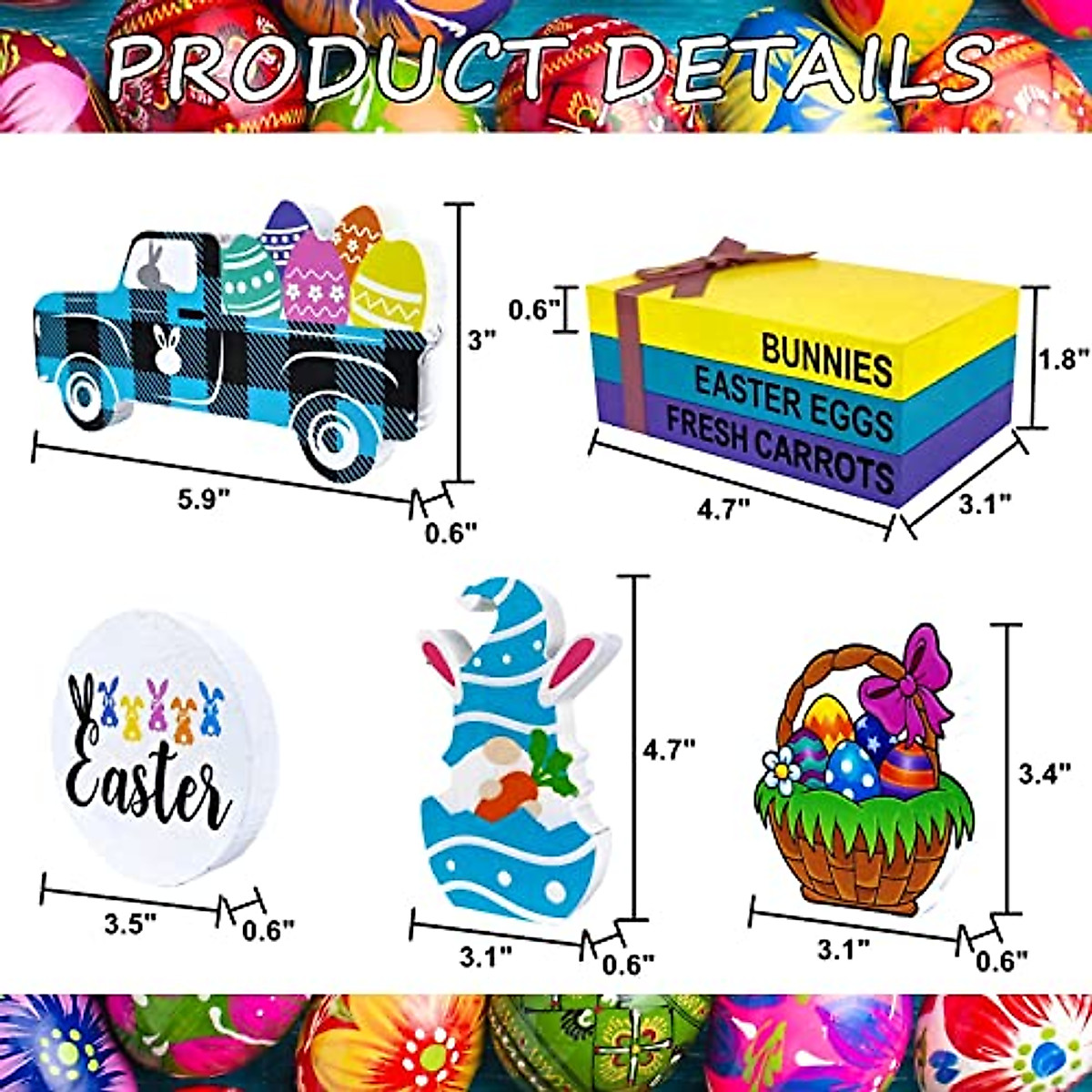 Easter Tiered Tray Decor Set: 7 Pieces Thick Wooden Stand Sign for Tabletop Spring Decorations, Farmhouse Rustic Mini Ornaments for Home Kitchen Table Top Housewarming [Tray Not Included]