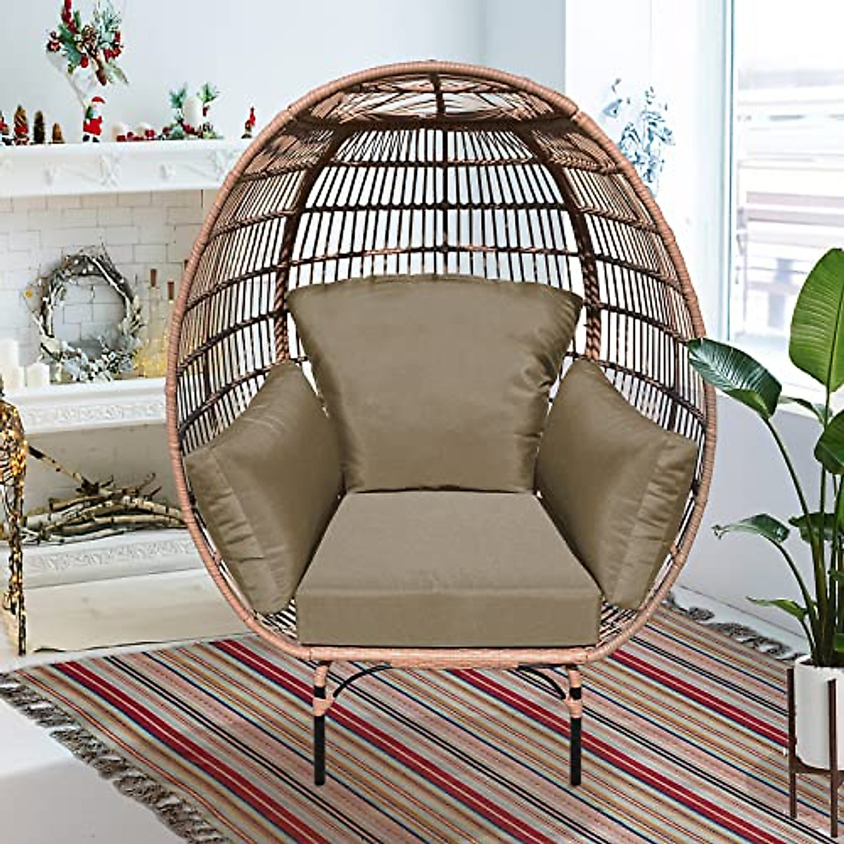 OTSUN Wicker Egg Chair, Oversized Indoor Outdoor Lounger for Patio, Backyard, Living Room with 4 Cushions, Steel Frame, Khaki