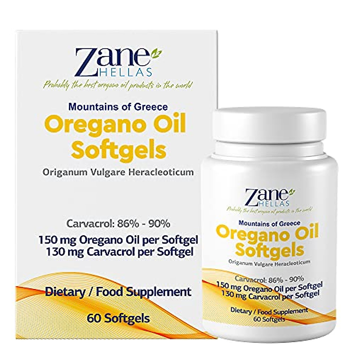 130 mg Carvacrol - 150 mg Oregano Oil per Softgel. World Highest Concentration Oregano Oil Capsule. Zane Hellas Oregano Oil. Softgel Contains 30% Greek Essential Oil of Oregano. 60 Softgels.