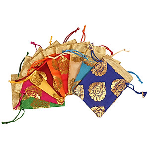 Touchstone Drawstring Bags Traditional Indian Handcrafted in Ficus Leaf Pattern Brocade Fabric. Perfect for Gifts Jewelry Weddings Sweet Distribution Set of 9 Vibrant Multicolor Pouches Purses Potli.