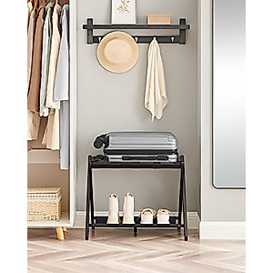 SONGMICS Luggage Rack, Folding Suitcase Stand with Storage Shelf, for Guest Room, Hotel, Bedroom, Heavy-Duty, Holds up to 131 lb, Chestnut Brown URLR007R01