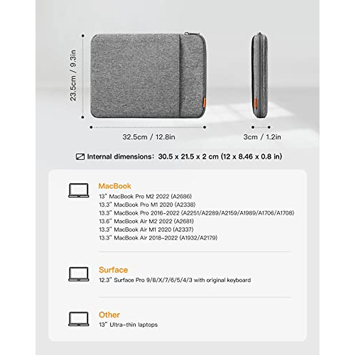 Inateck 12.3-13 Inch Laptop Case Sleeve 360° Protection Compatible with 13 inch MacBook Air M2/M1 2018-2022 A2337/A2179, MacBook Pro M2/M1 2016-2022, Surface Pro 9/8/7/6/X/5/4/3 with Accesory Bag