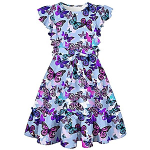Funnycokid Girls Dresses Butterfly Outfits for Kid Size 8 9 Ruffle Sleeve Clothes Flutter Hem Sundress with Belt 8-9 Years