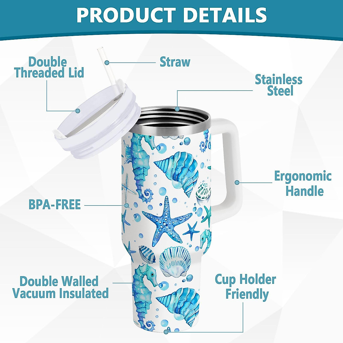 YKZEYK Blue Seahorses Starfish 40 OZ Tumbler with Handle And Straw Insulated Tumblers Coffee Mug Travel Cup Stainless Steel Tumblers Tumbler