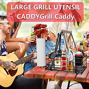 LELOCLE Picnic Caddy and Grill Utensil Caddy,Condiment Caddy, Grill-Caddy,Adjustable Compartment Storage,with 3 Hooks,Sturdy Thick,Easy Carry,Quick Assemble Grill Accessories Storage-Black