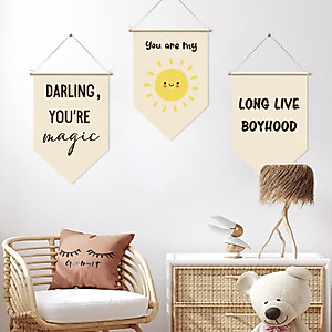 3 Pcs Canvas Hanging Pennant Flag Banner Wall Sign Decor Gift, Playroom Decor Long Live Boyhood Banner Boho Room Decor for Kids, Baby Boy, Baby Girl, Nursery Room Classroom Bedroom Decoration
