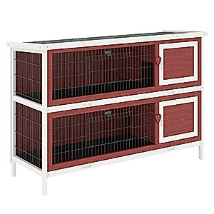 PawHut 54" 2-Story Rabbit Hutch Bunny Cage with Openable Roof, No Leak Tray and Fun Enclosed Run, Indoor/Outdoor