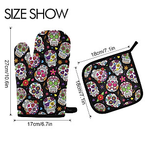 SUABO 2PCS Oven Mitts and Pot Holders, Sugar Skull Heat Resistant Oven Glove Hot Pads for Halloween Kitchen Baking BBQ Grilling