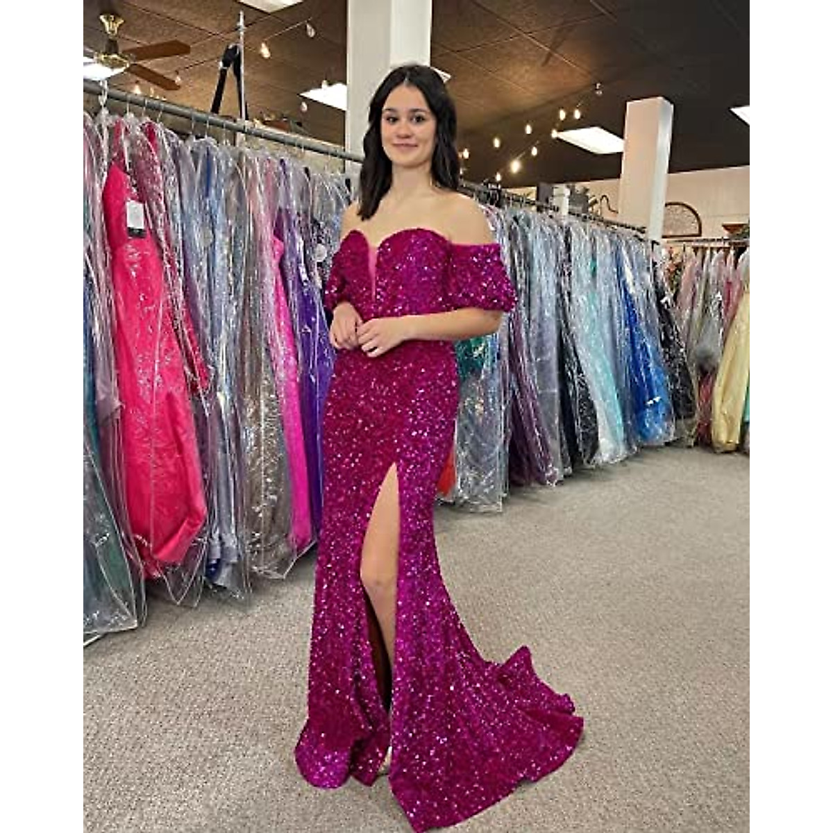 White Slive Sequin Off Shoulder Sparkly Prom Dresses Long for Women with Puffy Sleeves Backless Mermaid Formal Evening Gowns with High Slit Fitted Size US 04