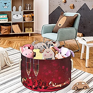 Valentine's Day Wine Rose Large Round Baskets for Storage Laundry Baskets with Handles Blanket Storage Basket for Bathroom Shelves Bins for Organizing Nursery Hamper Girl Boy